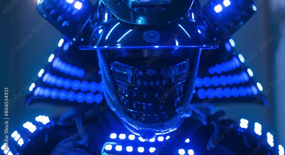 Samurai armor illuminated by blue lights symbolizes fusion of tradition ...