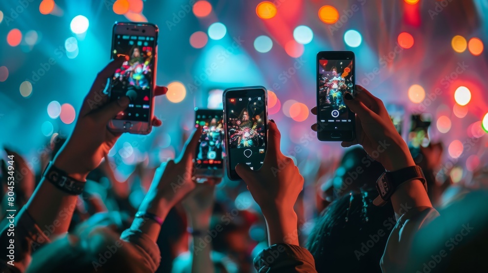 Crowd of individuals capturing moments with their smartphones, snapping ...