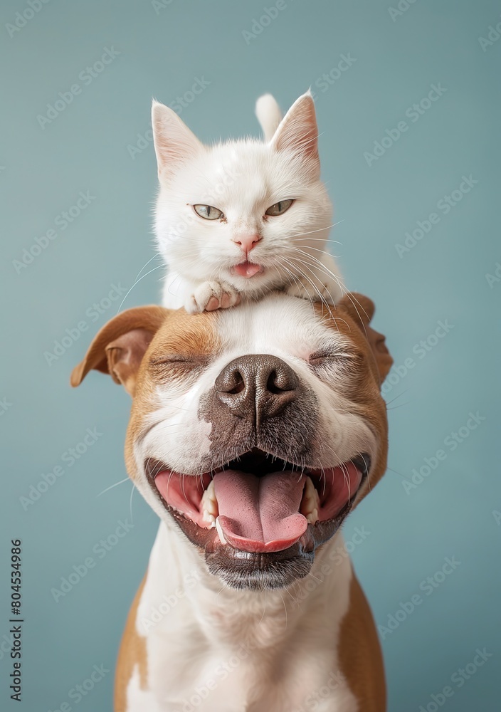 happy cat and dog friendship play together, cat on dog head, cute pet ...
