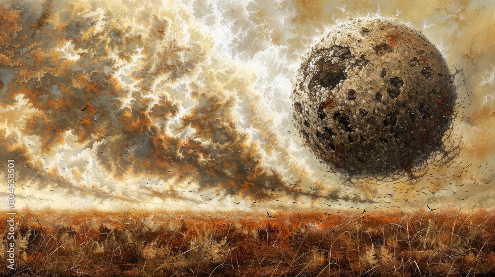Digital art depicting an apocalyptic scene with a crumbling moon ...