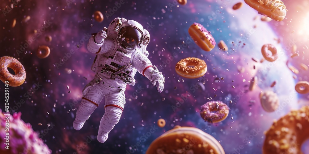 astronaut in a food space , flying donuts pizza as planets lots of ...