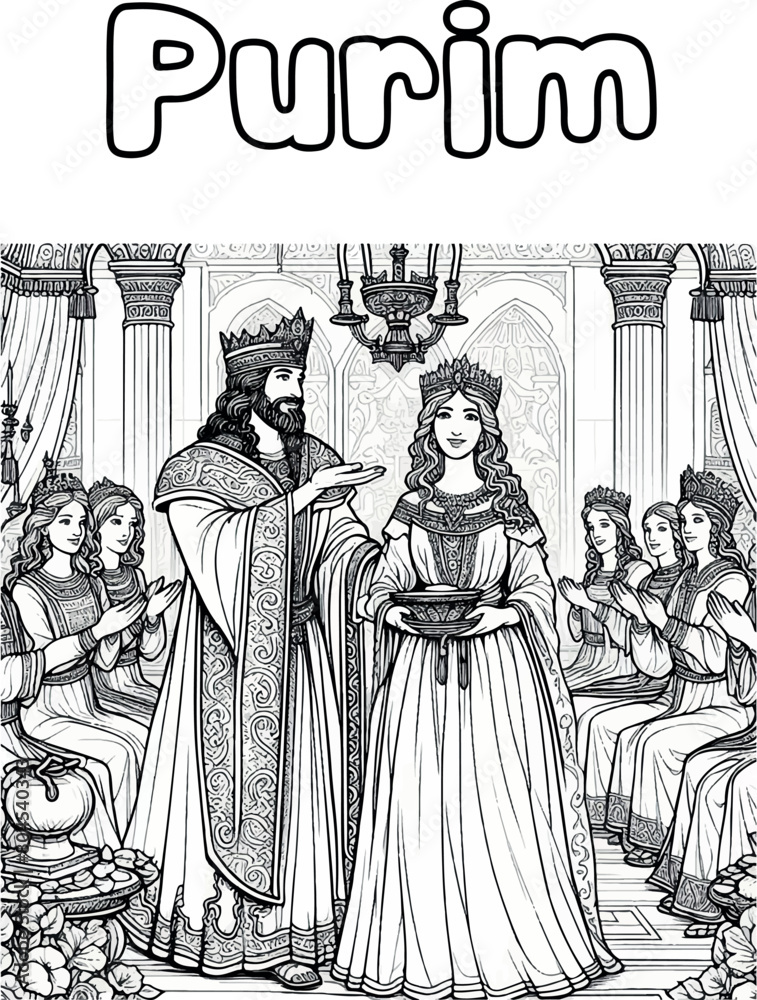 Creating a PURIM coloring page. Queen Esther Black and white linear ...