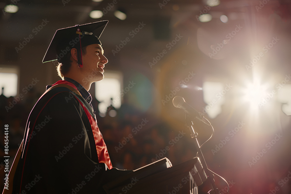 Valedictorian young student man giving graduation speech to other ...