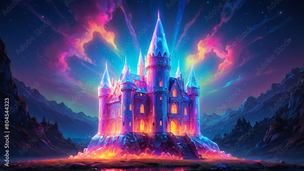 The image portrays a majestic, illuminated castle set against a ...