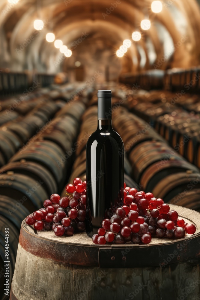 Red wine bottle mock up on on top of an old barrel, rows of barrels ...