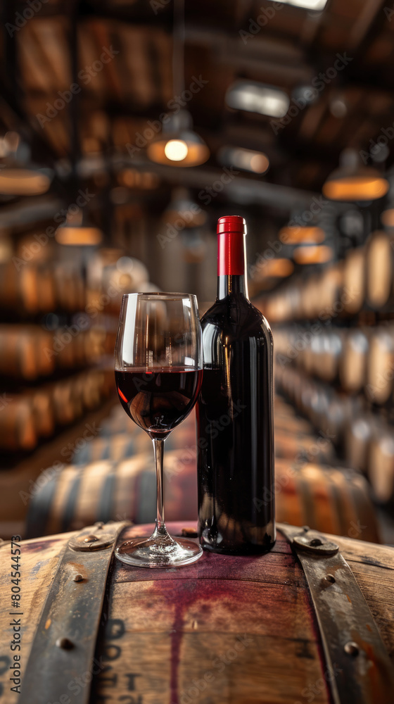 Red wine bottle mock up on on top of an old barrel, rows of barrels ...