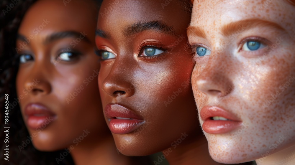 Three women with different skin colors and freckles are looking at the ...