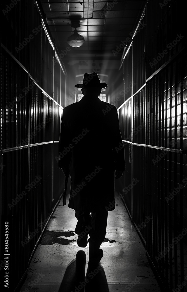 Silhouette of a man with a hat, walking backwards in a dark corridor ...