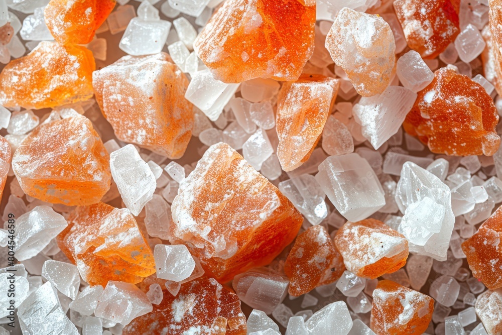 Vivid orange tinted rock salt crystals pictured up close, showcasing ...