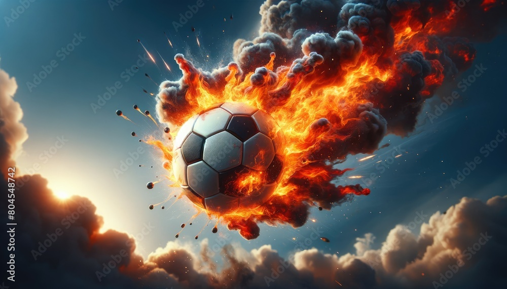 Flaming soccer ball at the stadium in the evening, Meteor-Like, World ...