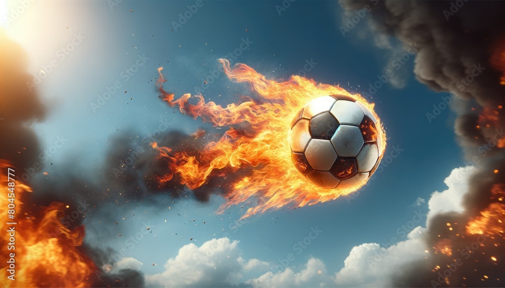Flaming soccer ball at the stadium in the evening, Meteor-Like, World ...