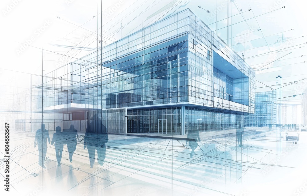 A digital drawing of an architectural blueprint with wireframe lines ...