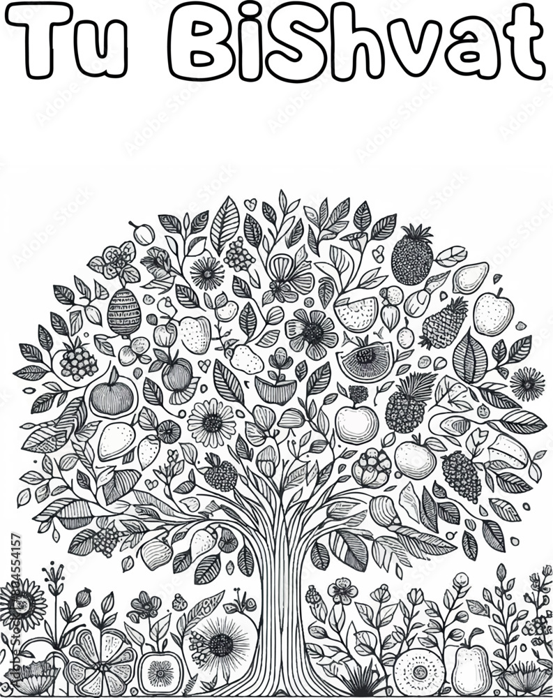 Creating a Tu Bishvat coloring page. Tree with fruits Black and white ...