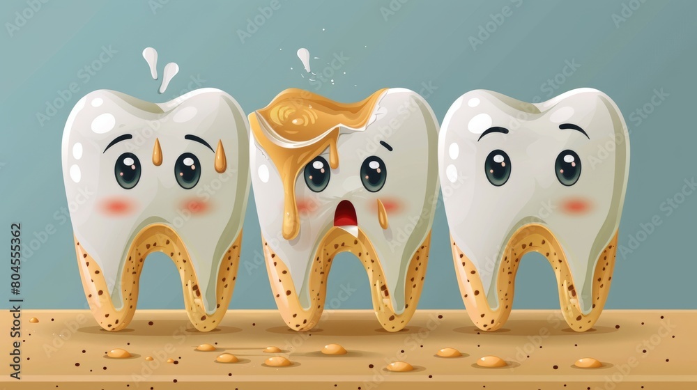 Inflated dental cavity cartoon in flat design. Healthy teeth with sad ...