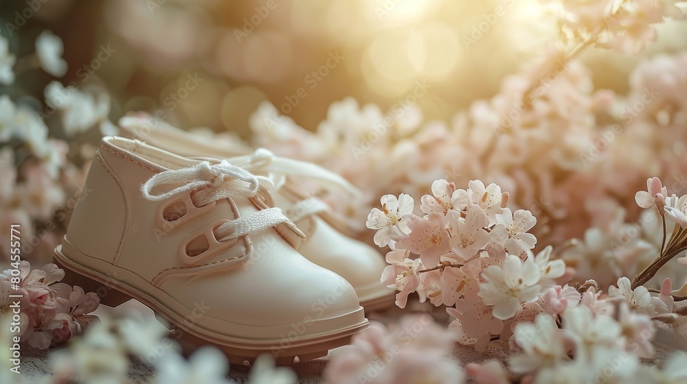 An elegant baptism background featuring baptism shoes and a cross on a ...
