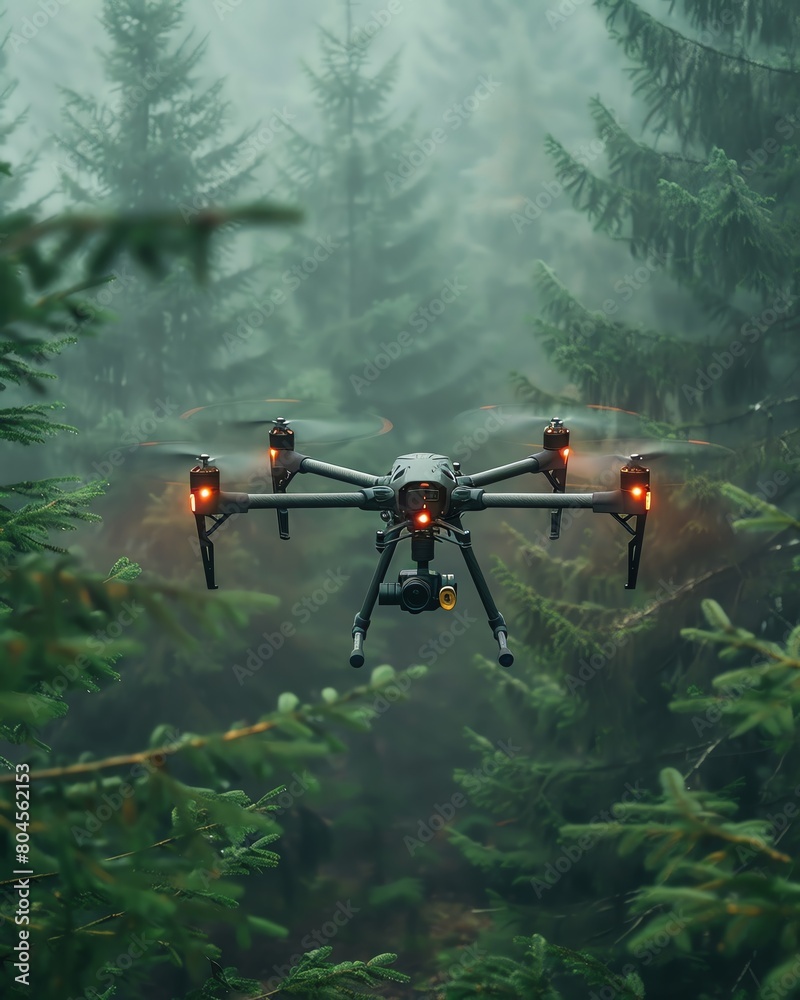 A forest ranger drone flying overhead, equipped with thermal imaging to ...