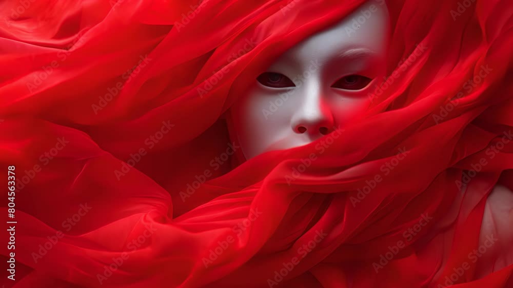 A woman's face is covered by a red cloth. The woman's face is white and ...