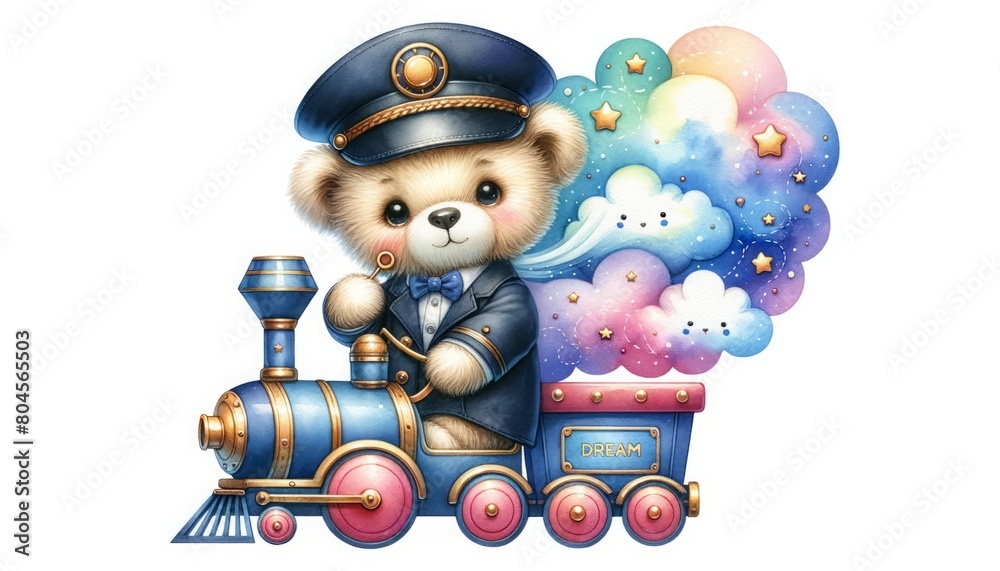 A whimsical illustration of a teddy bear train conductor in uniform ...