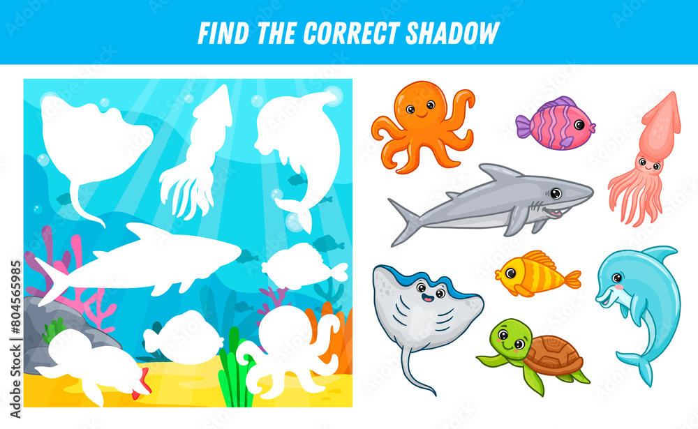 Find correct shadow of ocean animals. Worksheet with cartoon sea ...