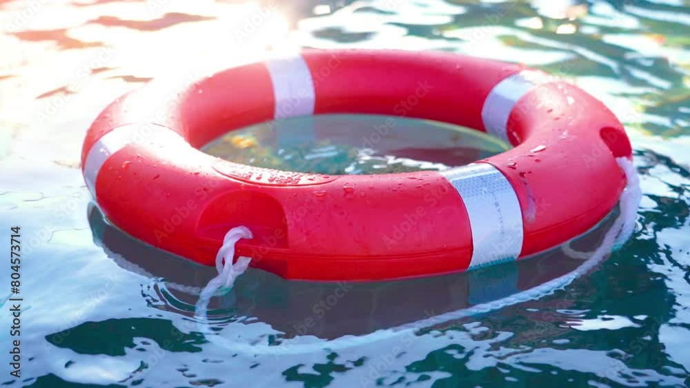 Lifebuoy Floating. Red life buoy over clear blue sea or ocean water ...