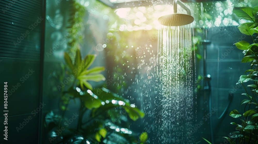 Image capturing a fresh shower scene behind a wet glass window, with ...