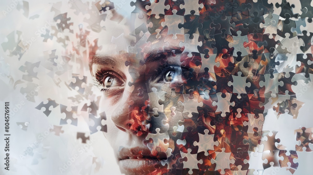 Identity Puzzle: human face formed from scattered puzzle pieces ...