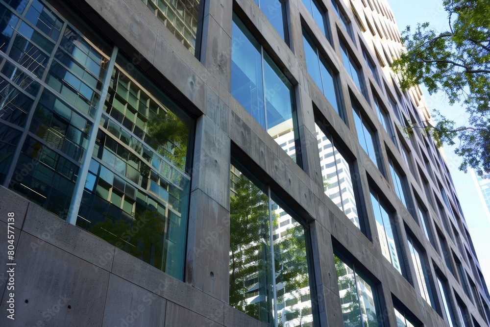an office building with large windows on the side and concrete walls ...