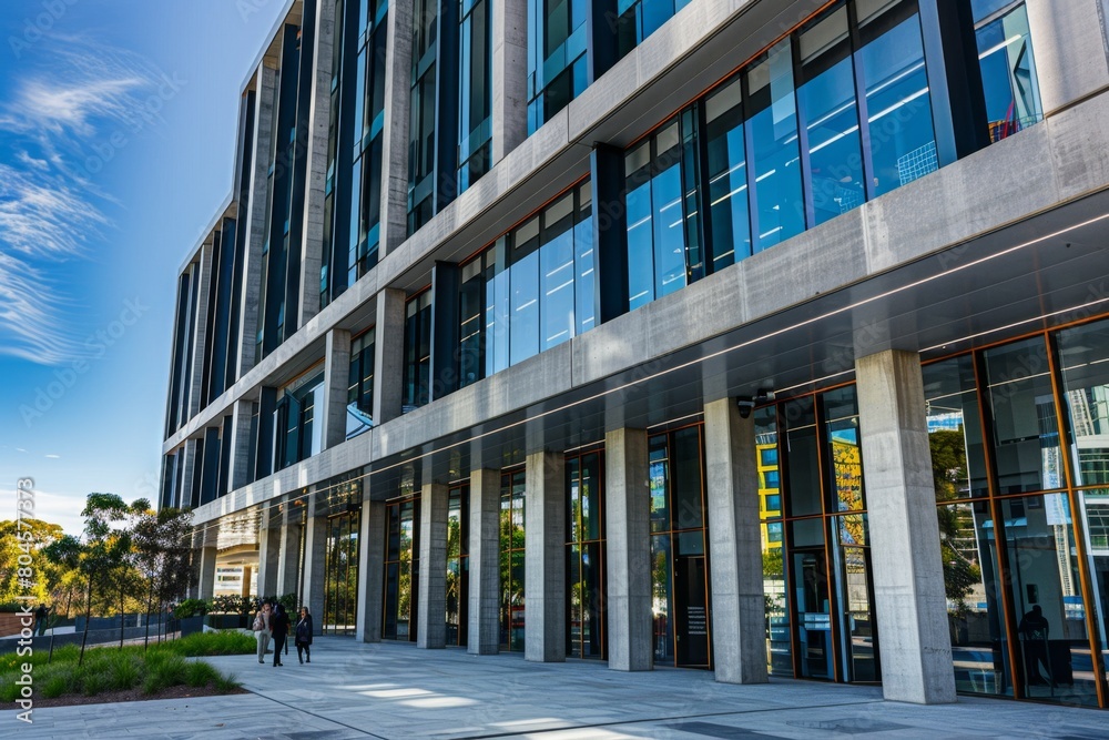 Modern office building exterior with large windows and concrete facade ...
