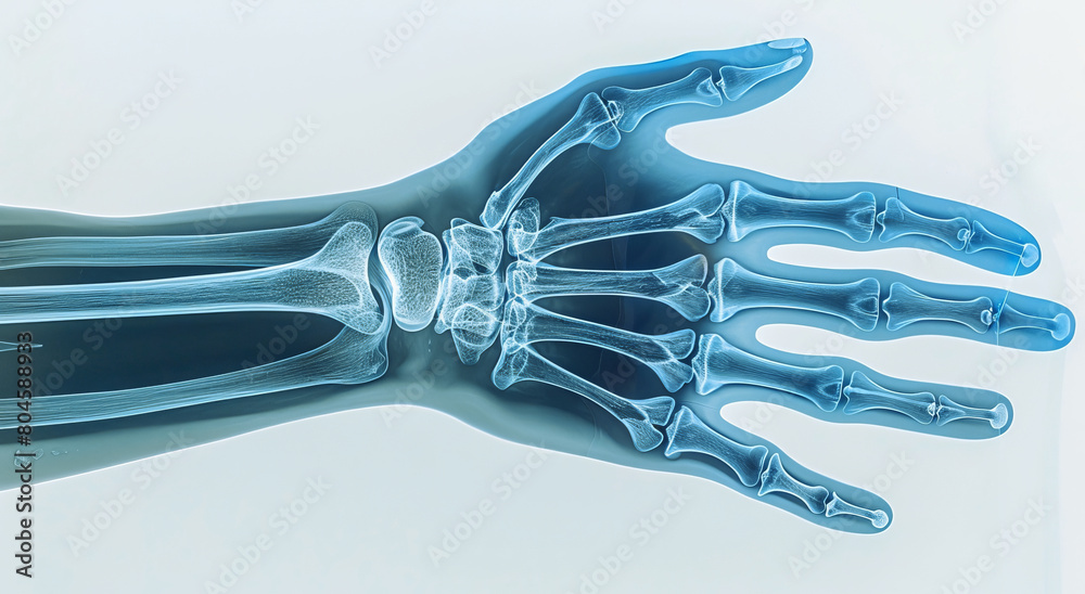 This medical image offers a detailed view of a human hand X-ray ...