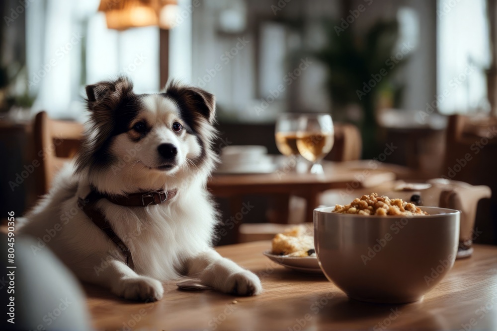 'cute served funny dog ning indoors table sitting animal background ...
