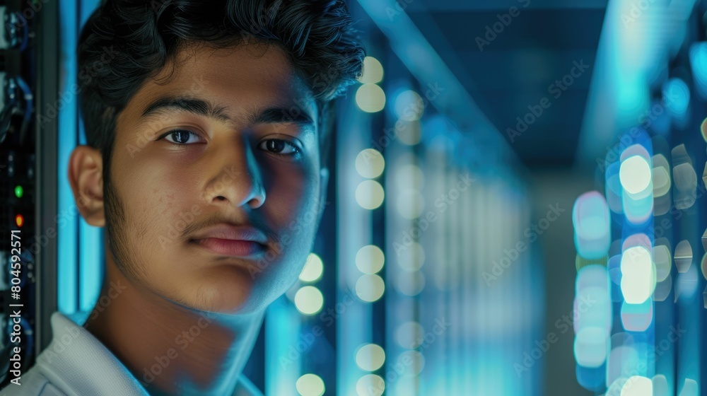 The close up picture of the IT specialist man from south asia is ...