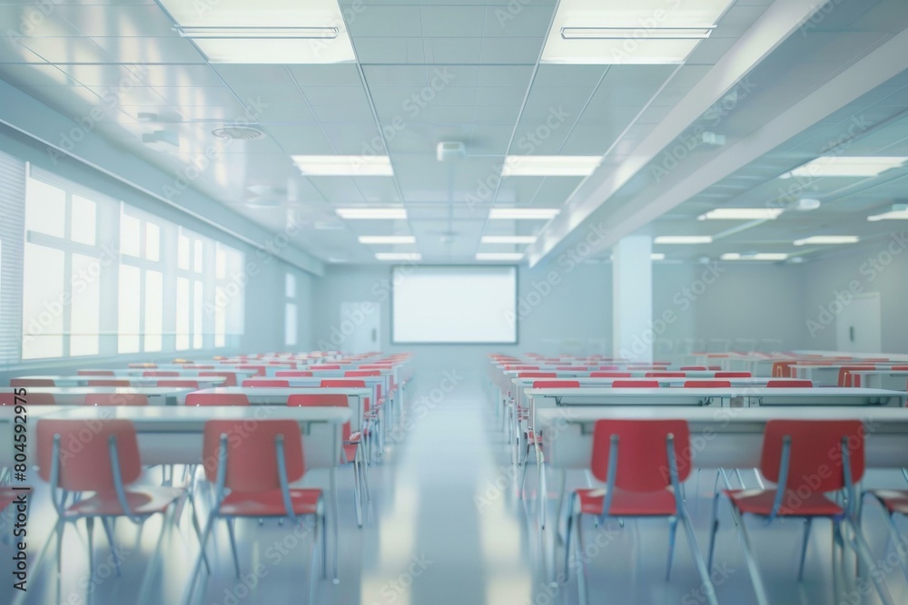 Modern spacious classroom with red chairs and white desks, illuminated ...