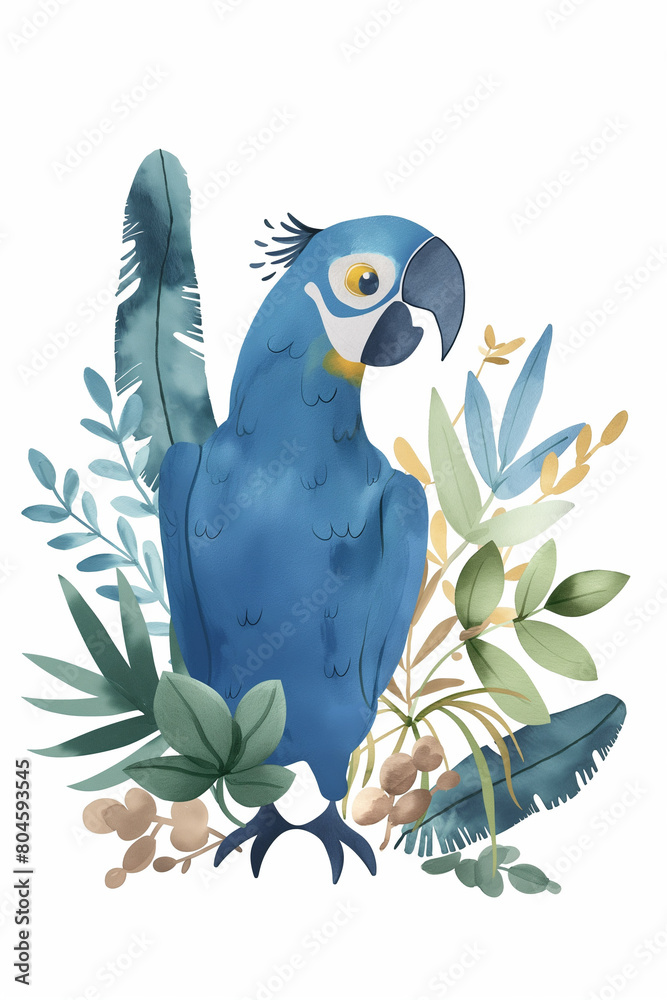 Arara azul e plantas em aquarela no fundo branco - Poster Infantil ...