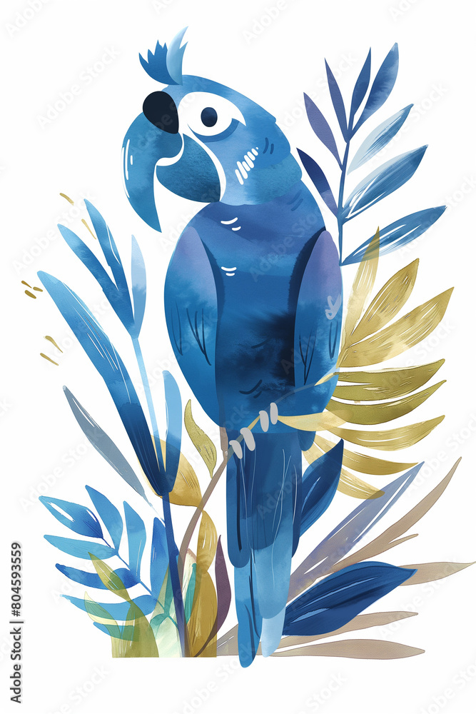 Arara azul e plantas em aquarela no fundo branco - Poster Infantil ...