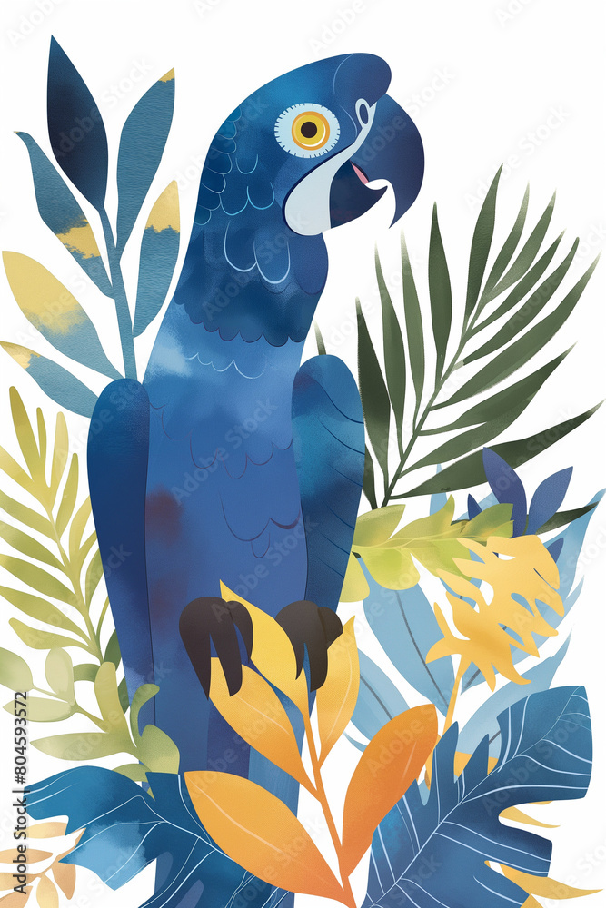 Arara azul e plantas em aquarela no fundo branco - Poster Infantil ...