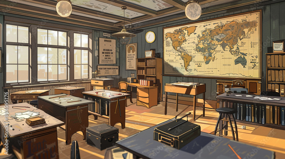 A history classroom with timelines and artifacts illustrating key ...