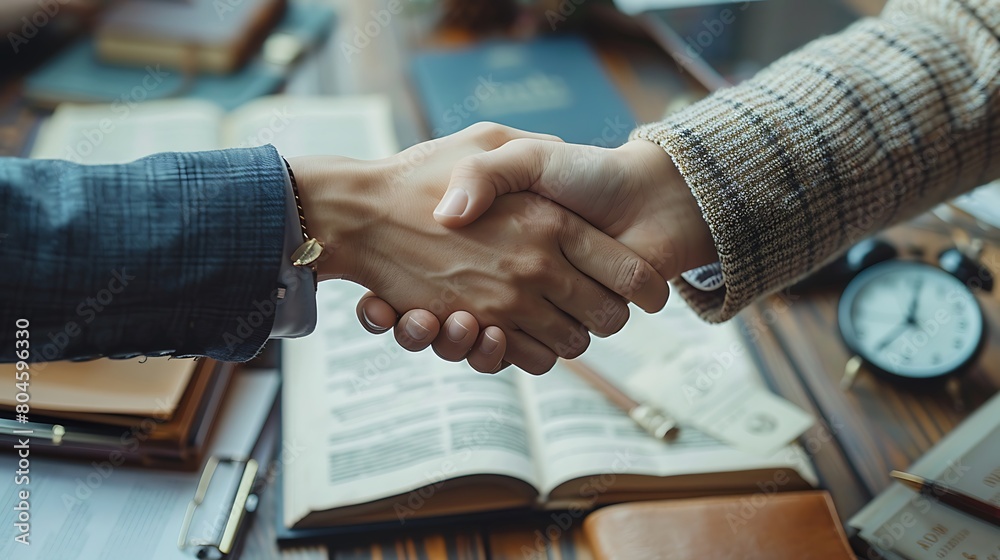 Visualize a top view close-up of hands shaking over a legal contract ...