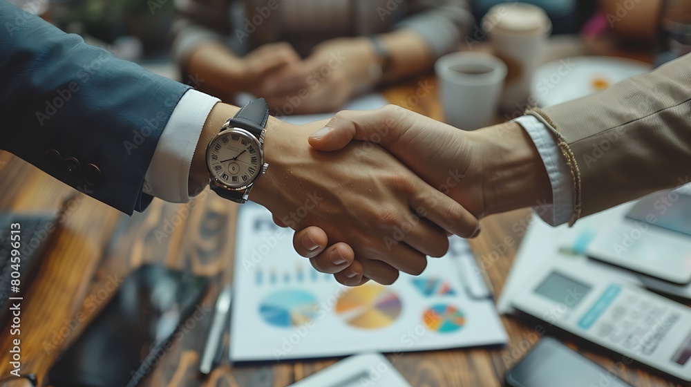Visualize a top view close-up of sports agents and athletes shaking ...
