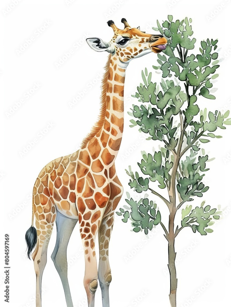 Watercolor clipart of a young giraffe, tall, spotty, graceful, nibbling ...