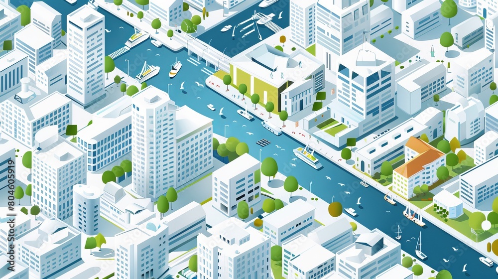 An isometric map or scheme of a city includes downtown, industrial ...