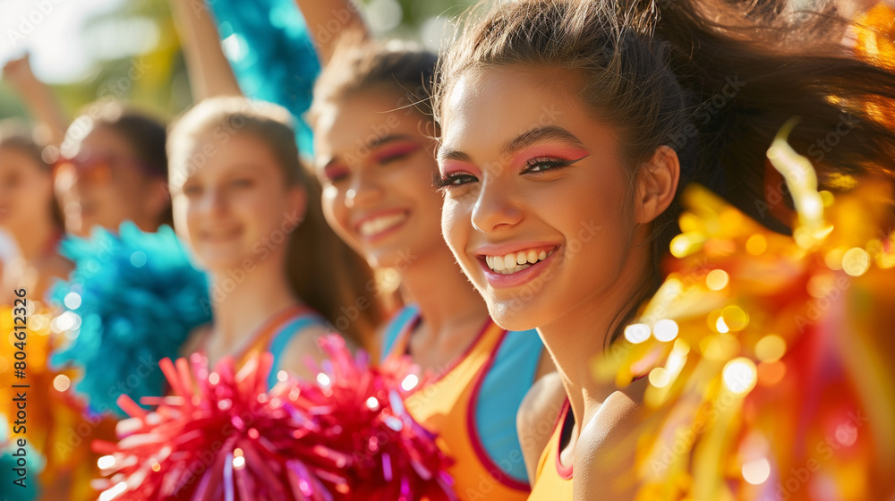Close-up of cheerleaders in vibrant uniforms, pom-poms mid-motion ...