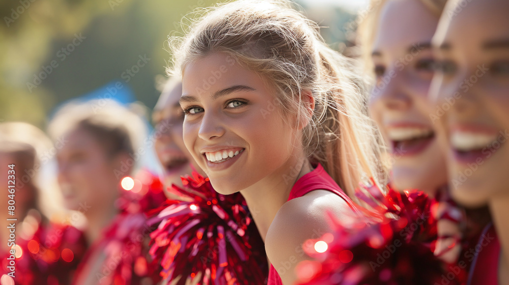 Close-up of cheerleaders in vibrant uniforms, pom-poms mid-motion ...