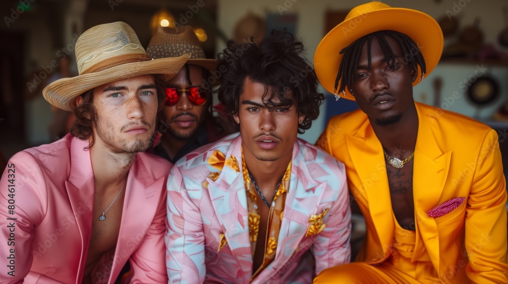 Fashion portrait of a diverse group of male models posing confidently ...