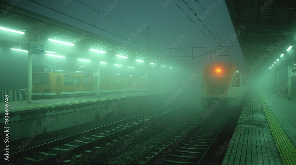 Dimly lit train platform with a single subway car waiting under ...