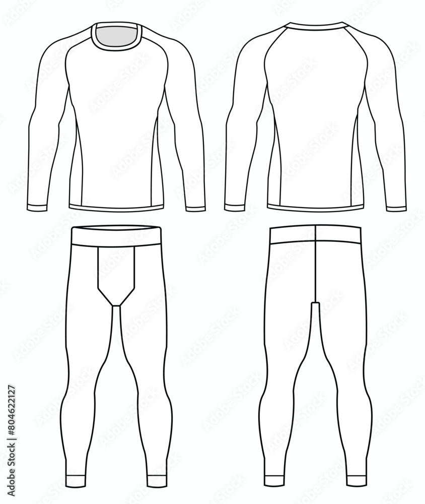 A set of technical drawings of a men's sports sweatshirt and rash guard ...