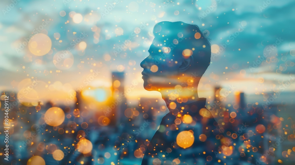 Abstract profile of a man overlaid with a bokeh effect, capturing ...