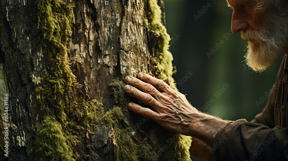 Poster, Foto A wise old man touches the bark of an ancient tree ...
