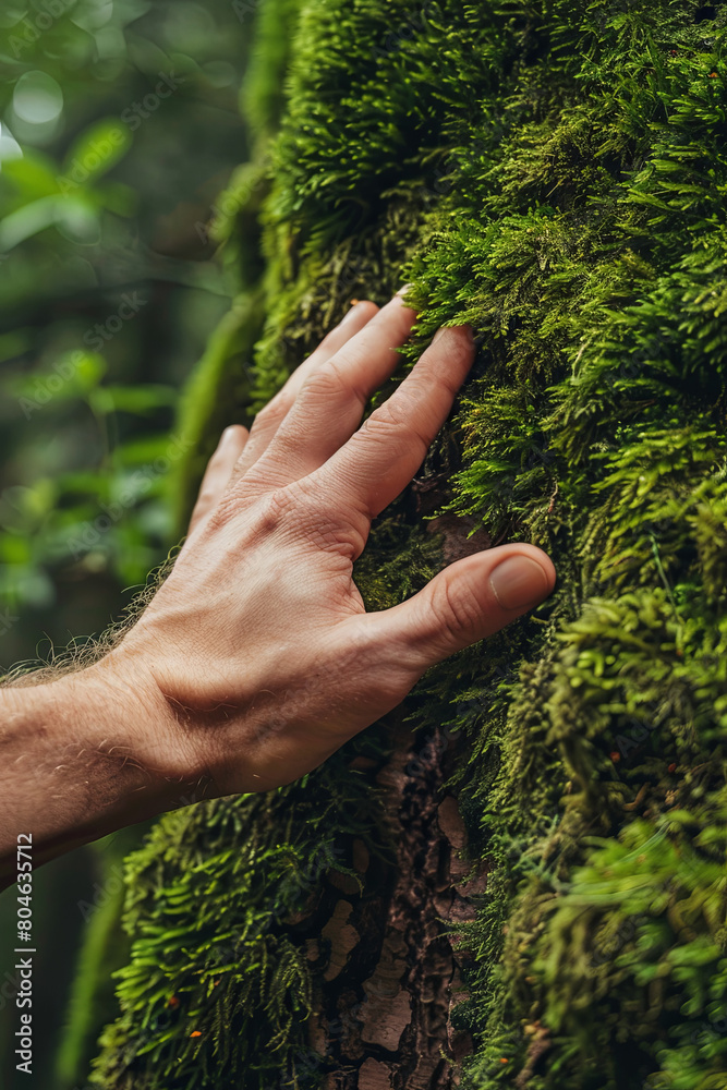 Hand gently caressing moss growing on a massive tree trunk, embodying a ...