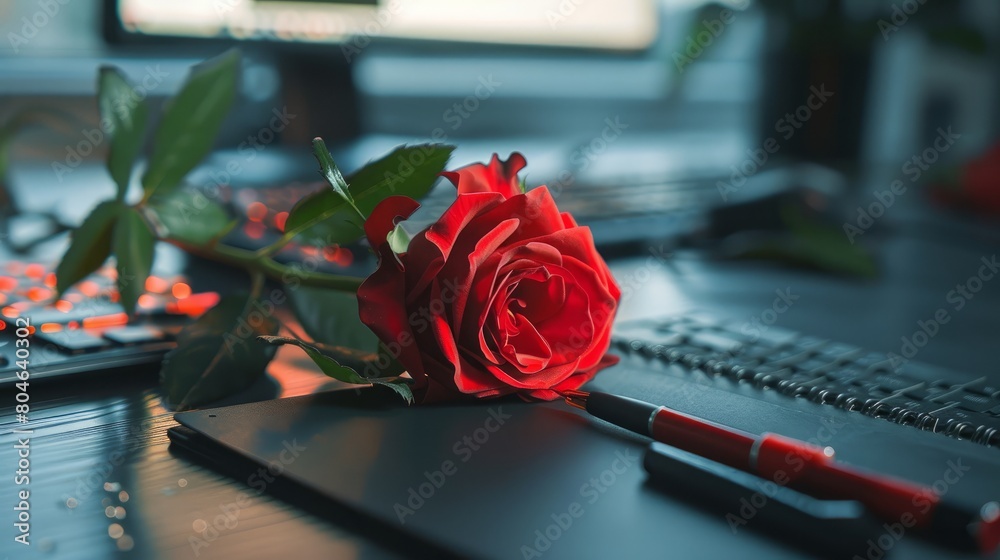 Red rose on the office workplace. Visible computer keyboard, notepad ...
