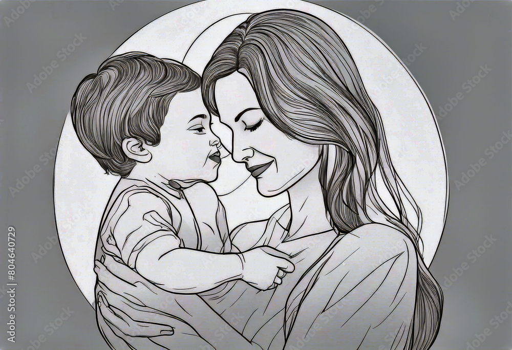 'embracing drawing Mother Day line graphic illustration Mother's baby ...